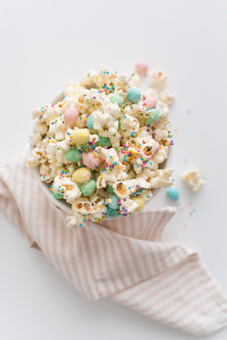 Easter Candy Popcorn with White Chocolate and Mini Eggs - Nick + Alicia
